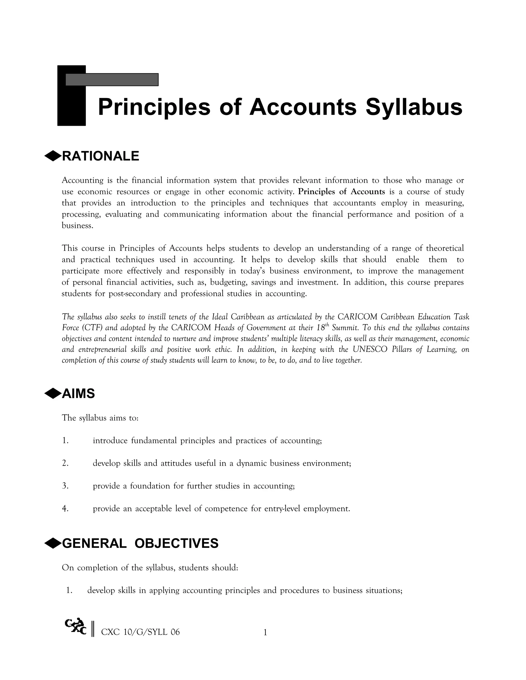 Csec principles of accounts syllabus | PDF
