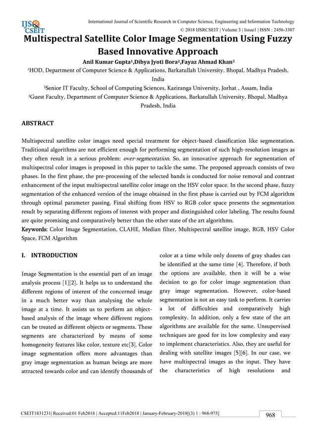 Multispectral Satellite Color Image Segmentation Using Fuzzy Based Innovative Approach | PDF