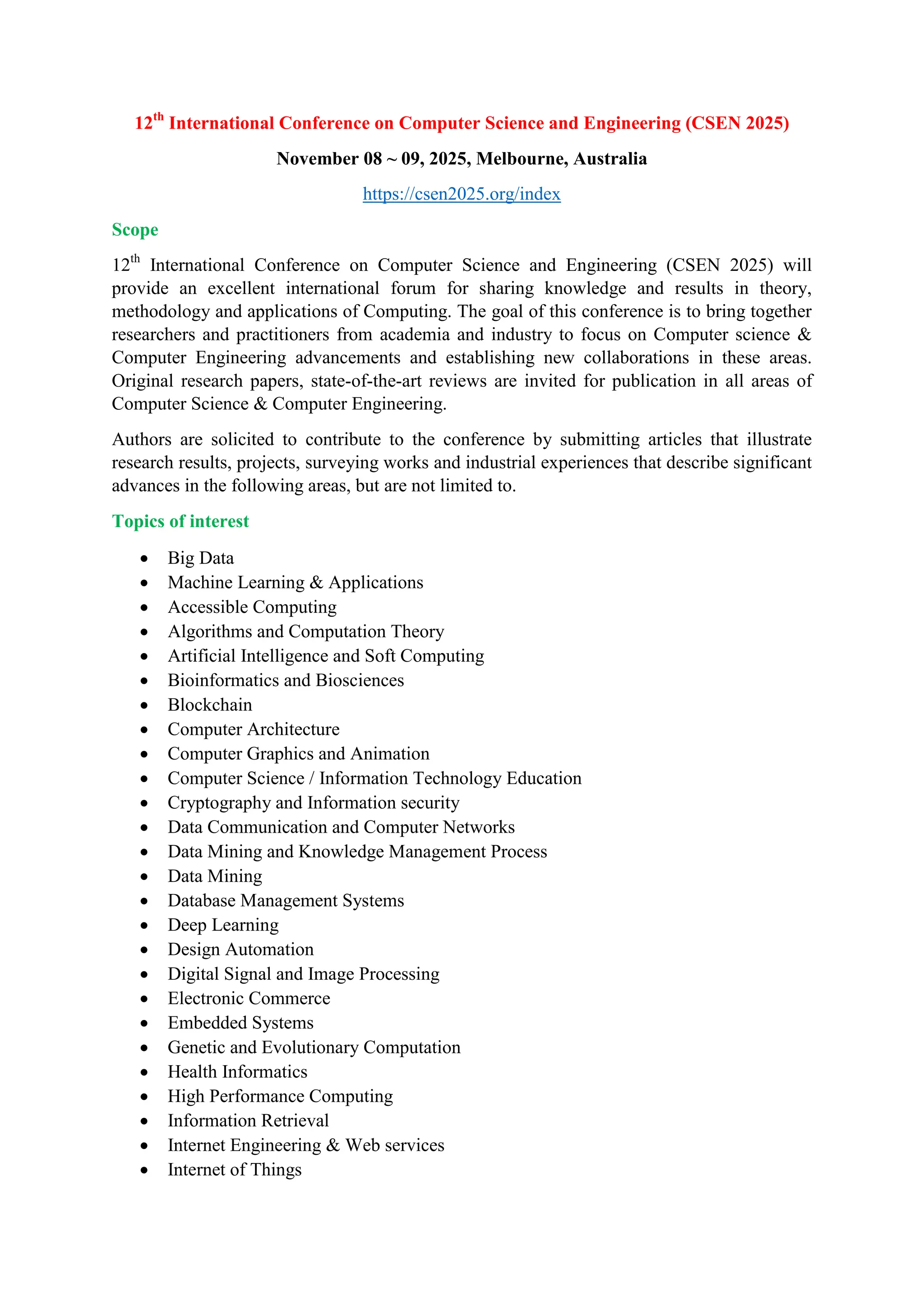 12th International Conference on Computer Science and Engineering (CSEN ...
