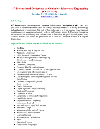 Call for Papers - 11th International Conference on Computer Science and Engineering (CSEN 2024 ...