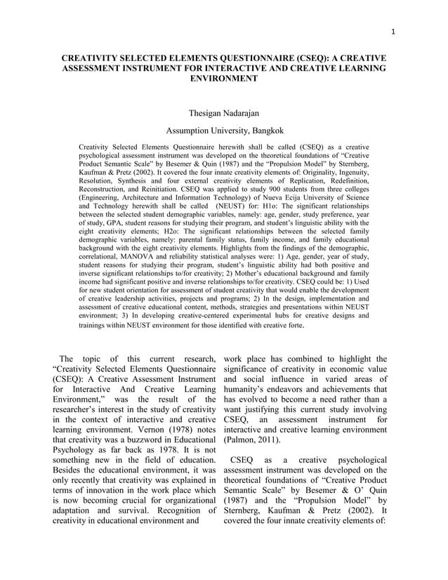 Creativity Selected Elements Questionnaire | PDF