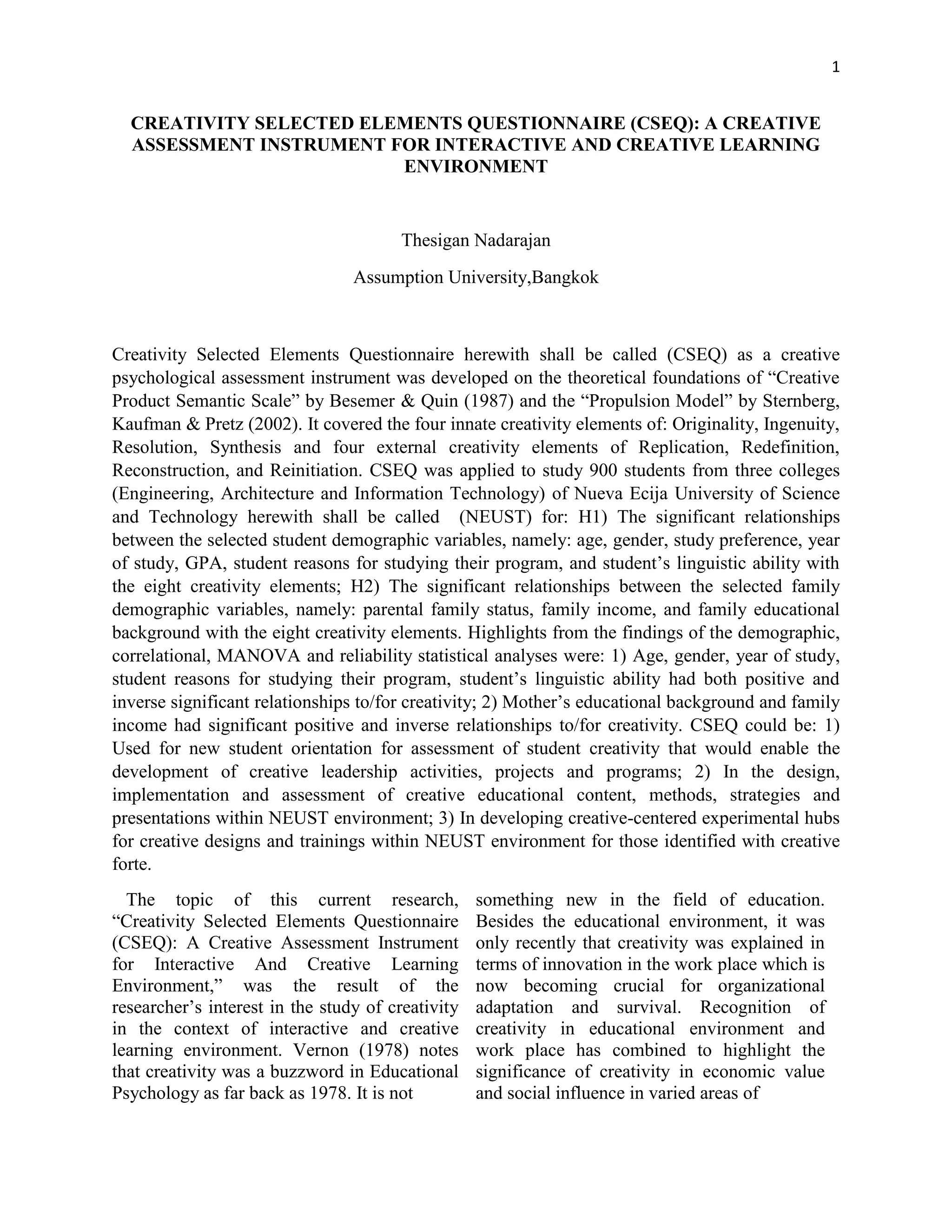 CREATIVITY SELECTED ELEMENTS QUESTIONNAIRE (CSEQ): A CREATIVE ...