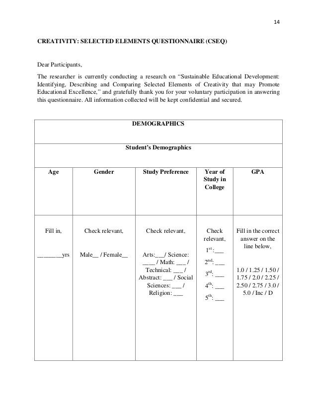 CREATIVITY SELECTED ELEMENTS QUESTIONNAIRE (CSEQ): A CREATIVE ...