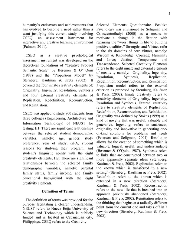 CREATIVITY SELECTED ELEMENTS QUESTIONNAIRE (CSEQ): A CREATIVE ...