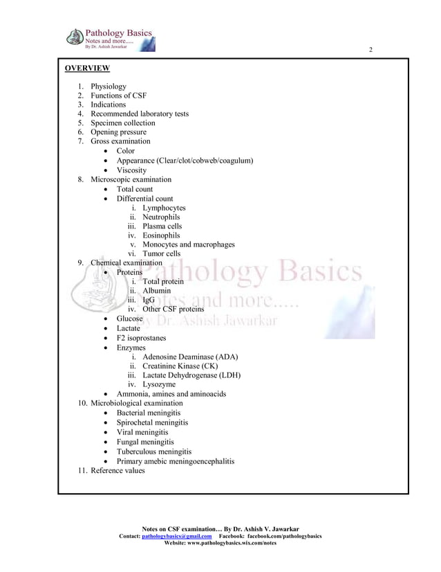 CSF - Cerebrospinal fluid examination - from tapping to pathological diagnosis | PDF | Blood ...