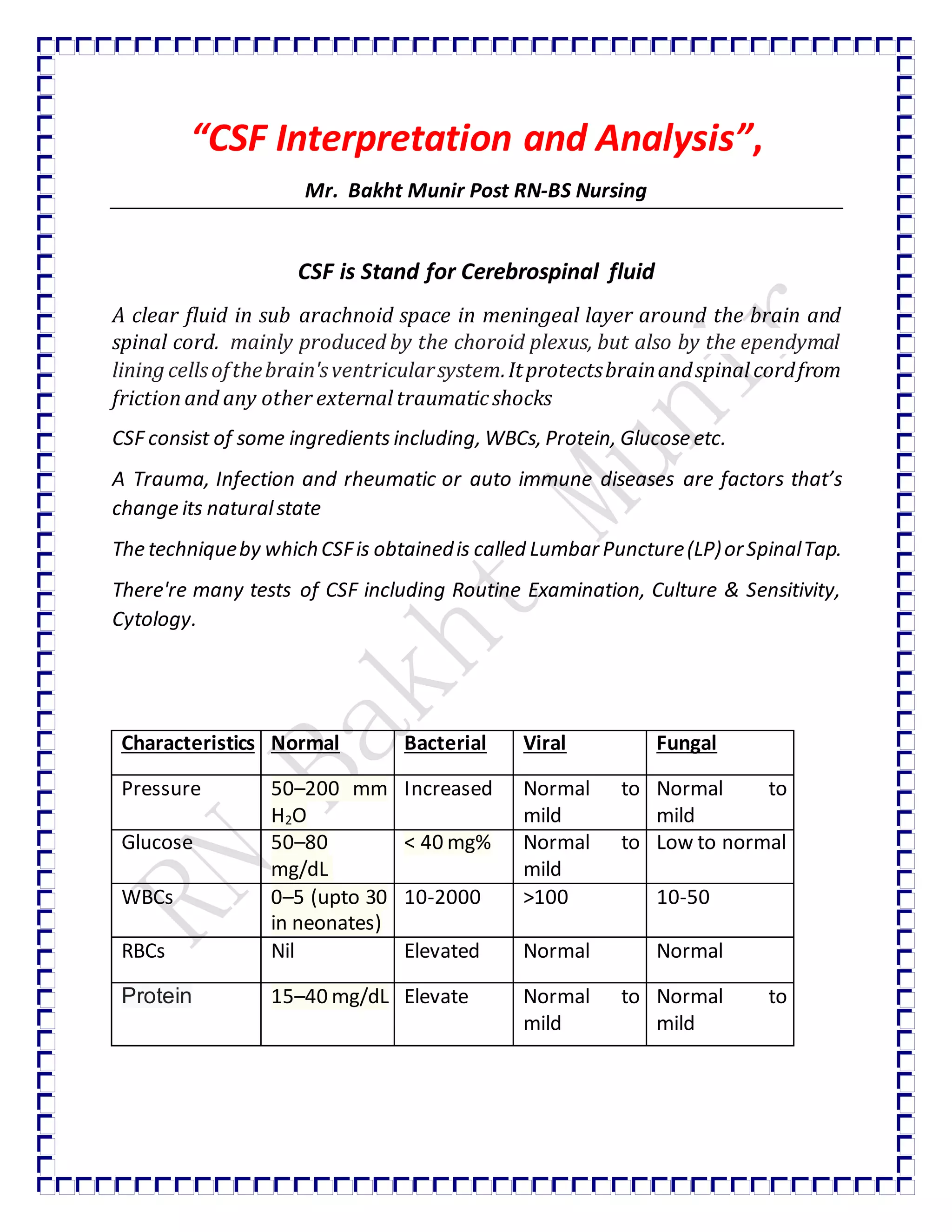 Cerebrospinal fluid (CSF) Interpretation & Analysis | DOCX