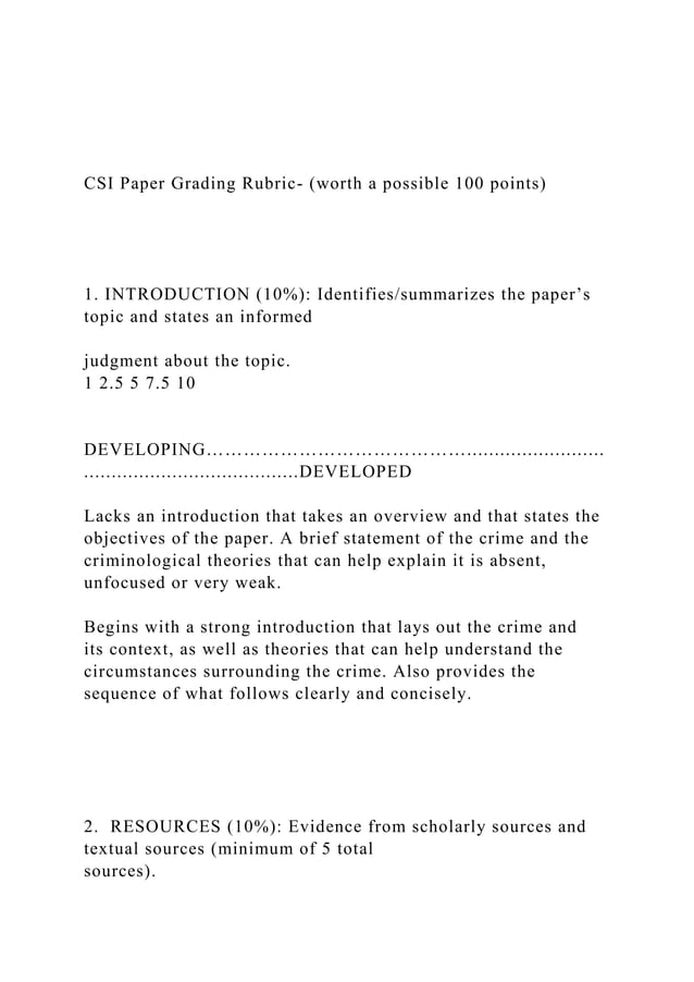 CSI Paper Grading Rubric- (worth a possible 100 points) .docx | Science
