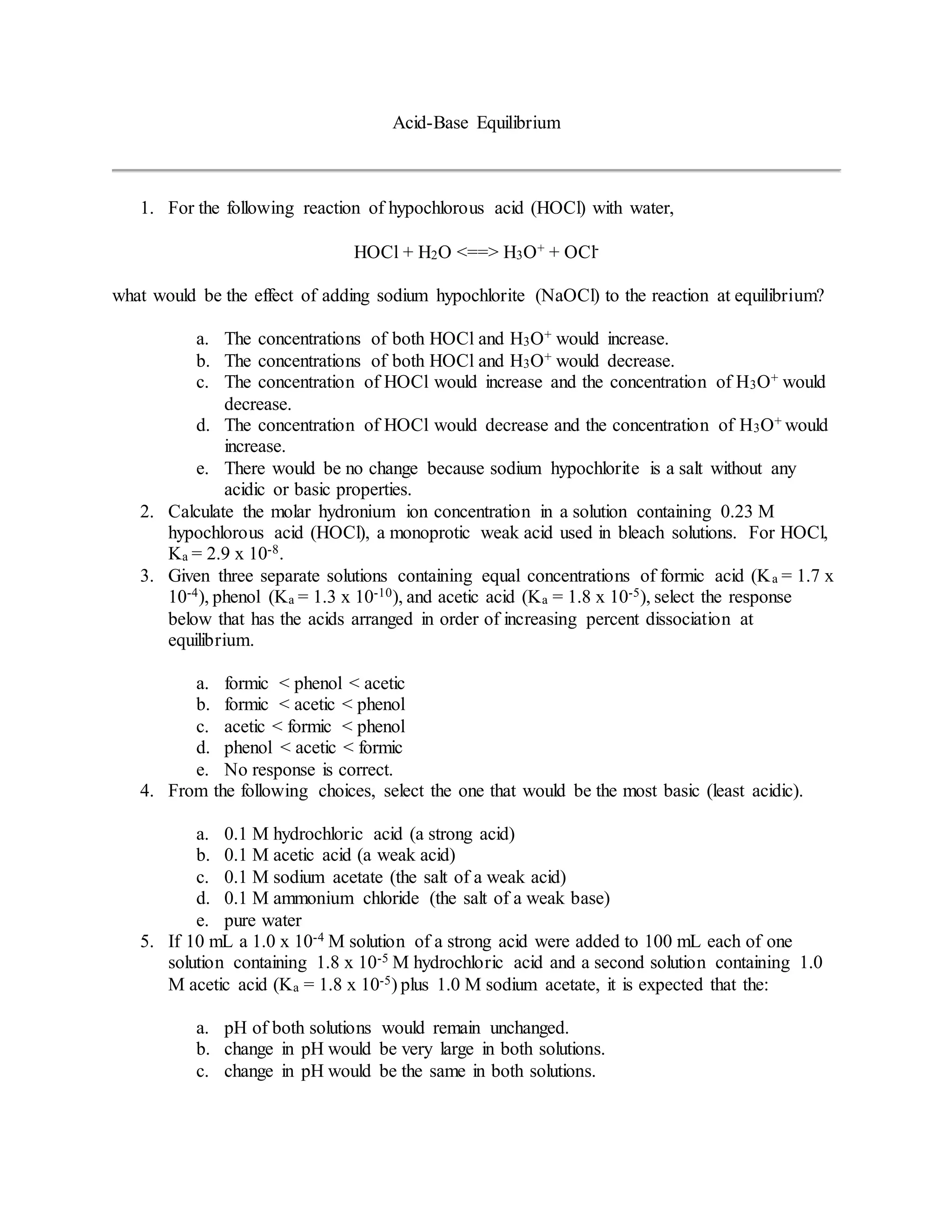 Csir chemistry acid base equilibrium question paper | DOCX