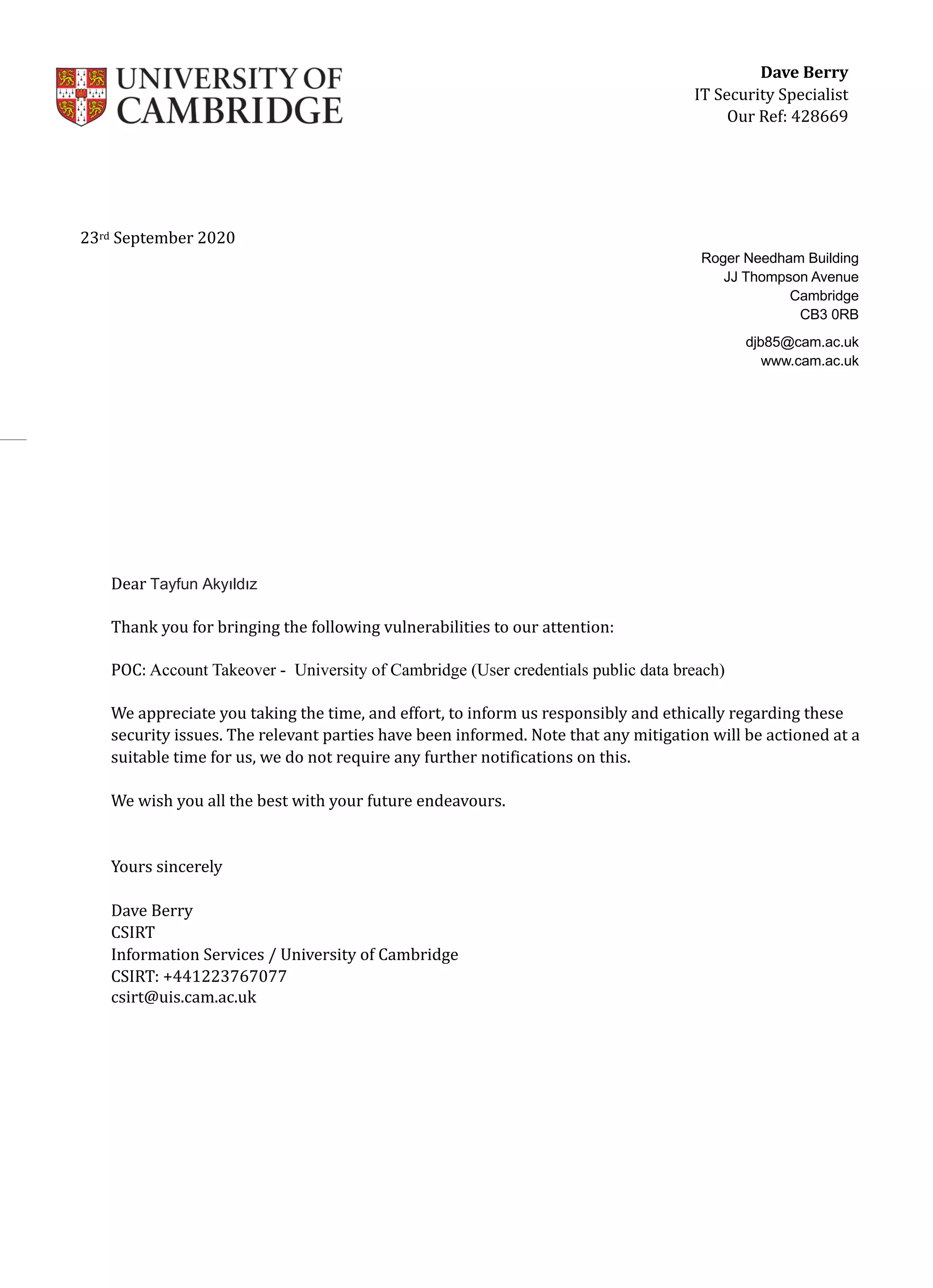 University of Cambridge Letter of Appreciation | PDF