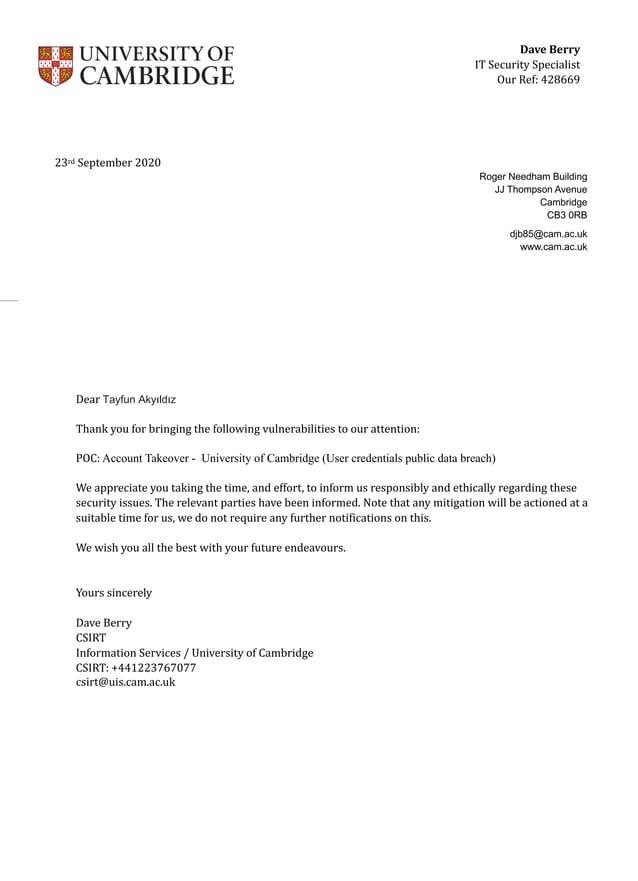 University of Cambridge Letter of Appreciation