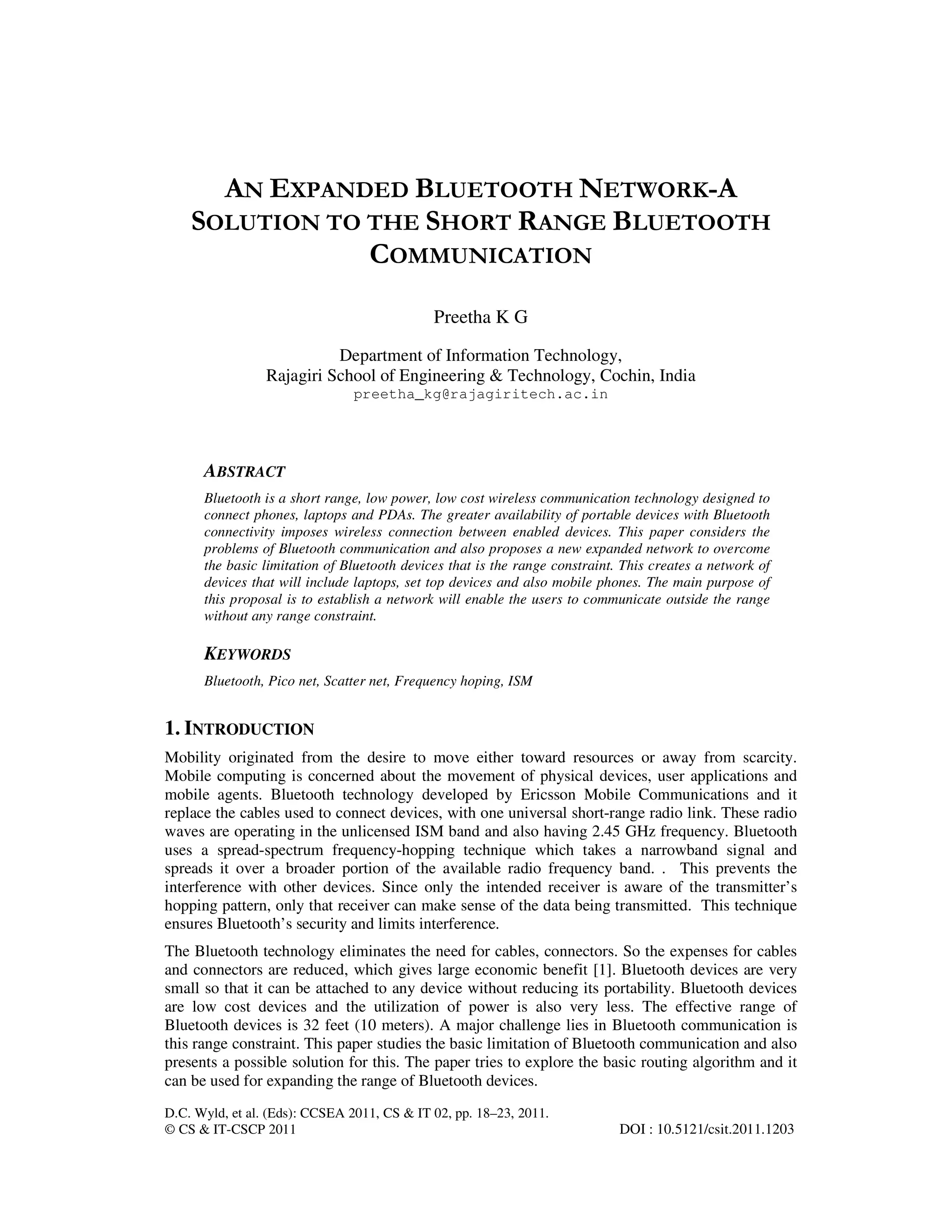 AN EXPANDED BLUETOOTH NETWORK-A SOLUTION TO THE SHORT RANGE BLUETOOTH ...