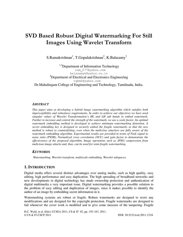 SVD Based Robust Digital Watermarking For Still Images Using Wavelet Transform | PDF