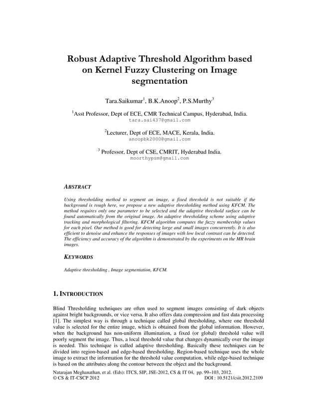 Robust Adaptive Threshold Algorithm based on Kernel Fuzzy Clustering on Image segmentation | PDF