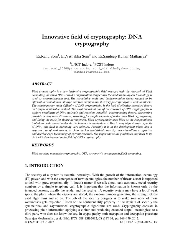 Innovative field of cryptography: DNA cryptography | PDF