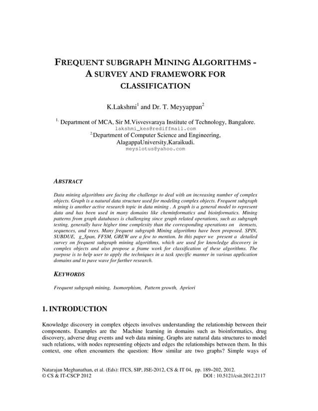 FREQUENT SUBGRAPH MINING ALGORITHMS - A SURVEY AND FRAMEWORK FOR CLASSIFICATION | PDF