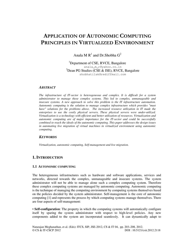 APPLICATION OF AUTONOMIC COMPUTING PRINCIPLES IN VIRTUALIZED ENVIRONMENT | PDF