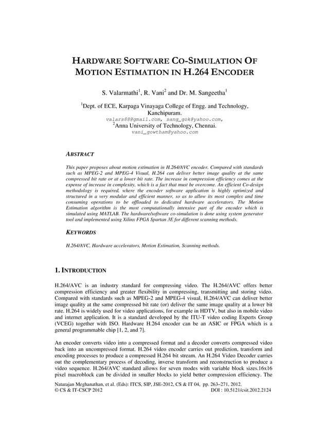 HARDWARE SOFTWARE CO-SIMULATION OF MOTION ESTIMATION IN H.264 ENCODER | PDF