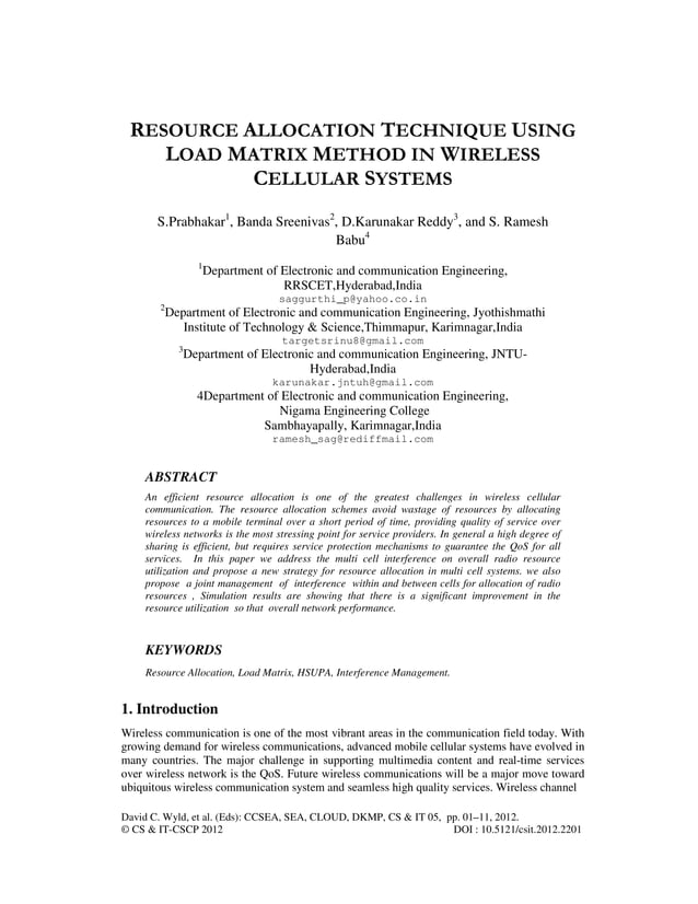 RESOURCE ALLOCATION TECHNIQUE USING LOAD MATRIX METHOD IN WIRELESS CELLULAR SYSTEMS | PDF | Free ...