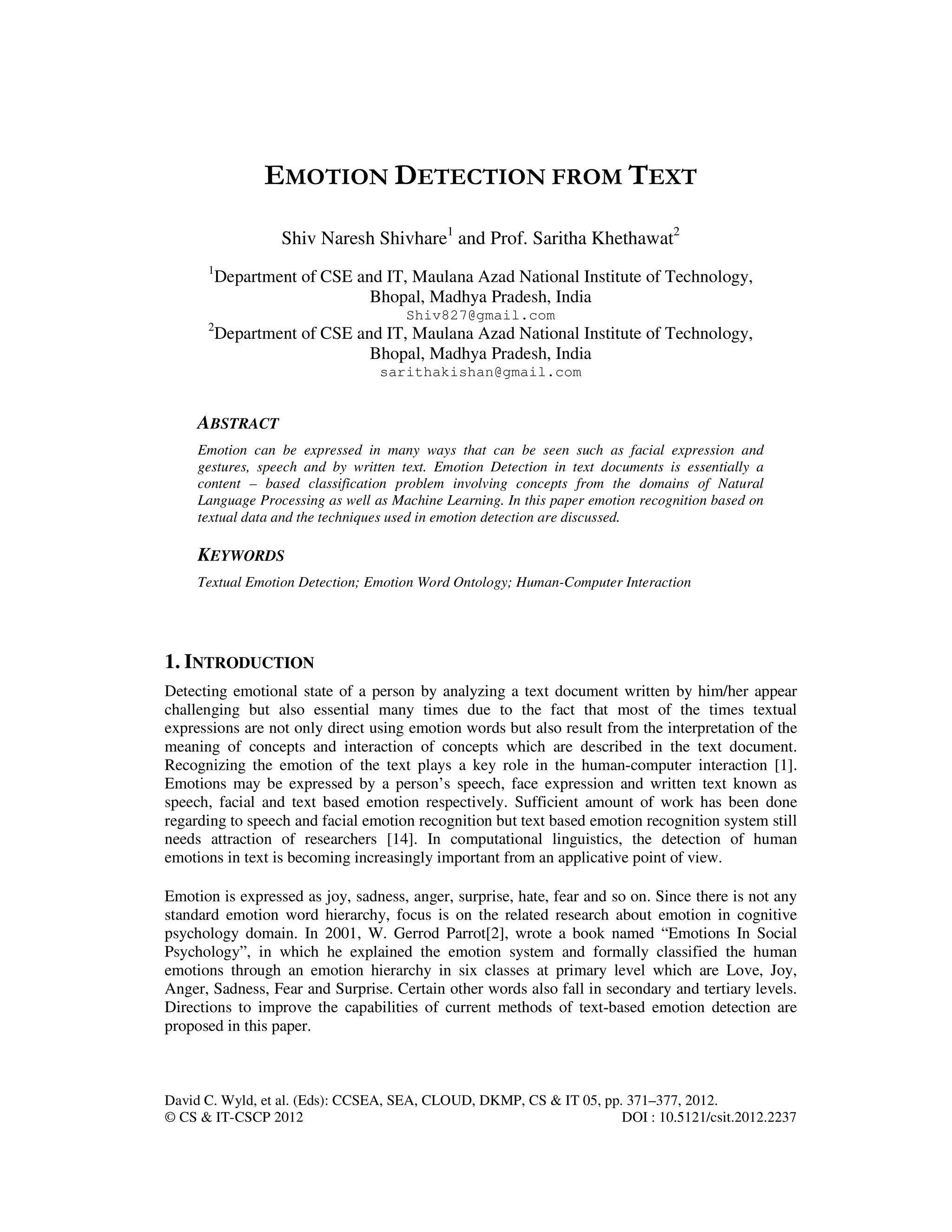 EMOTION DETECTION FROM TEXT | PDF | Technology & Computing