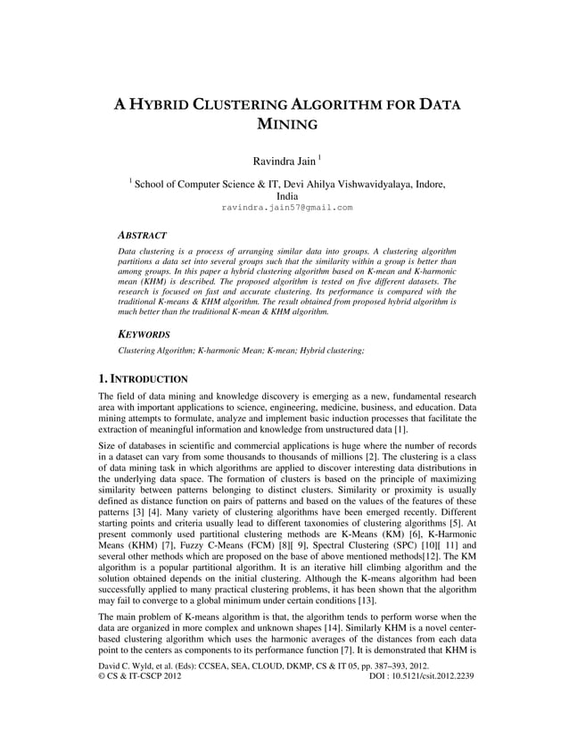 A Hybrid Clustering Algorithm For Data Mining Pdf