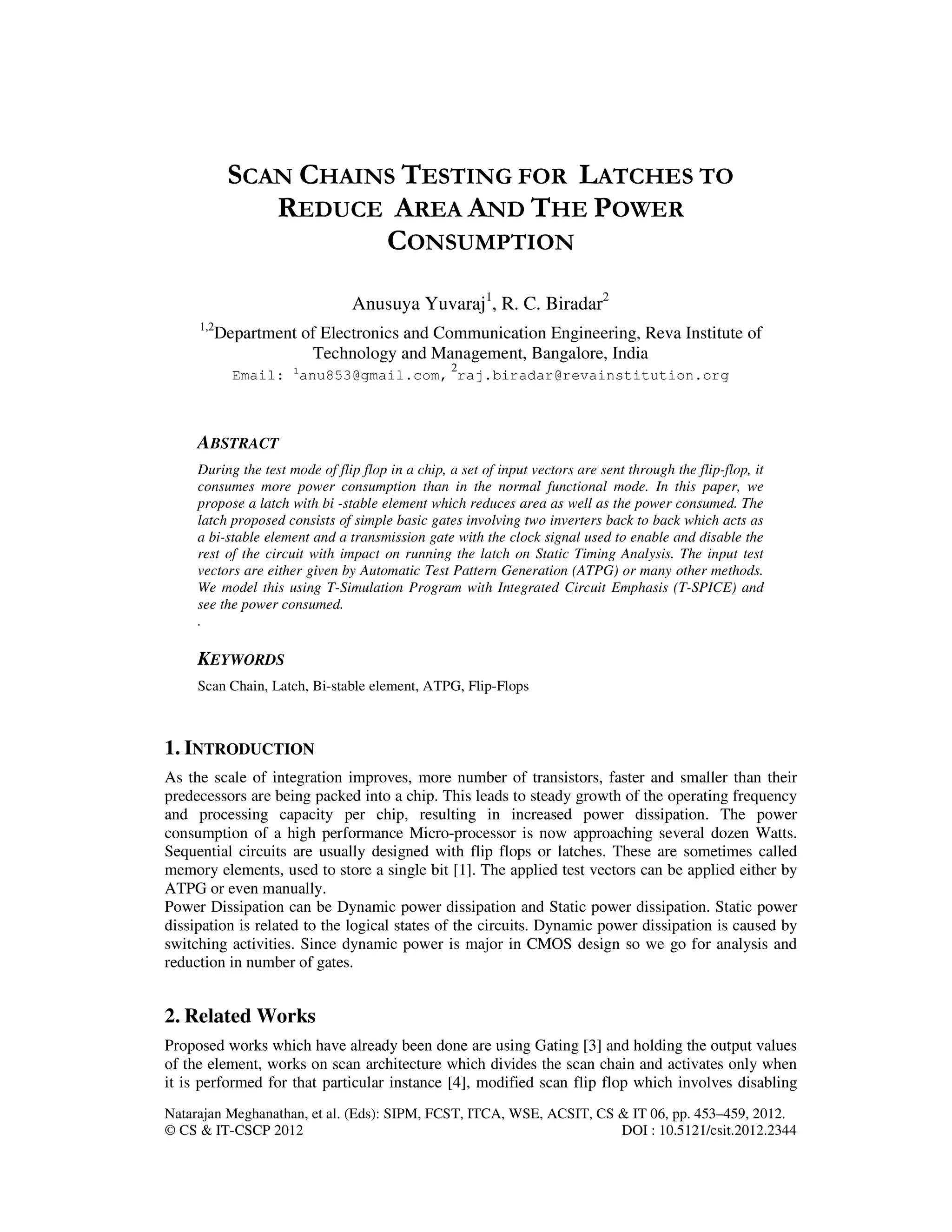 SCAN CHAINS TESTING FOR LATCHES TO REDUCE AREA AND THE POWER ...