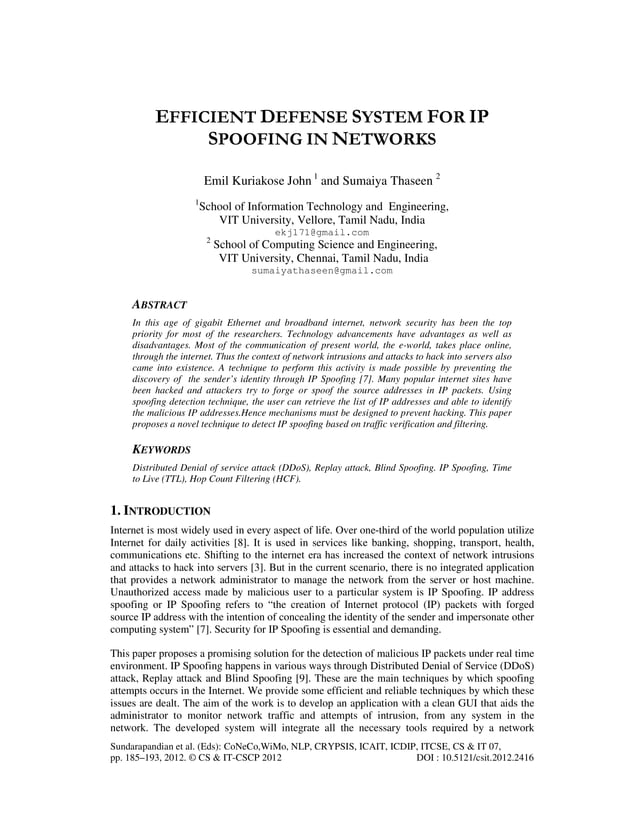 EFFICIENT DEFENSE SYSTEM FOR IP SPOOFING IN NETWORKS | PDF