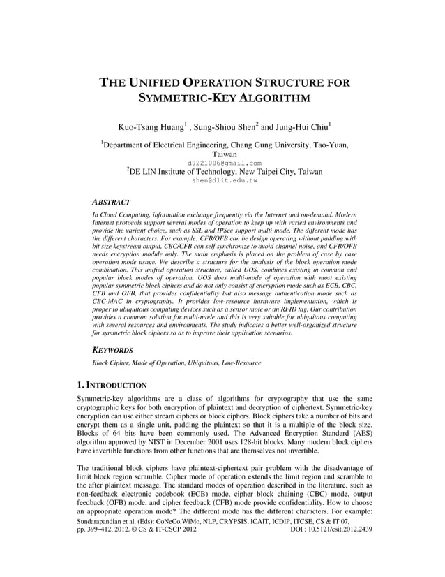 THE UNIFIED OPERATION STRUCTURE FOR SYMMETRIC-KEY ALGORITHM | PDF
