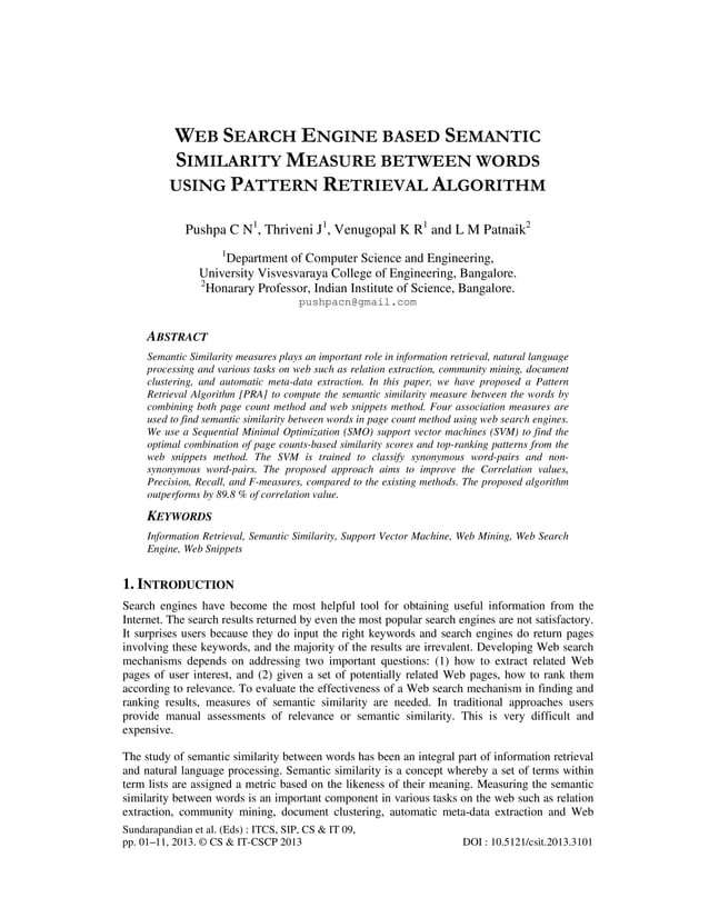 WEB SEARCH ENGINE BASED SEMANTIC SIMILARITY MEASURE BETWEEN WORDS USING PATTERN RETRIEVAL ...