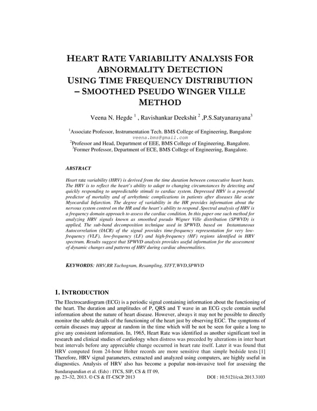 HEART RATE VARIABILITY ANALYSIS FOR ABNORMALITY DETECTION USING TIME FREQUENCY DISTRIBUTION ...