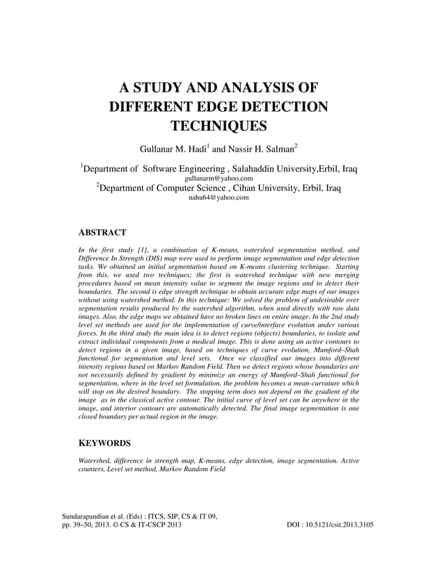 A STUDY AND ANALYSIS OF DIFFERENT EDGE DETECTION TECHNIQUES | PDF