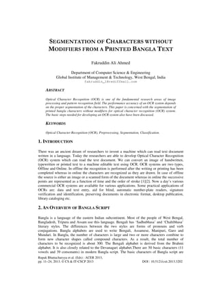 SEGMENTATION OF CHARACTERS WITHOUT MODIFIERS FROM A PRINTED BANGLA TEXT | PDF