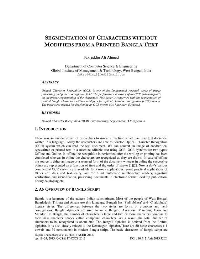 SEGMENTATION OF CHARACTERS WITHOUT MODIFIERS FROM A PRINTED BANGLA TEXT | PDF
