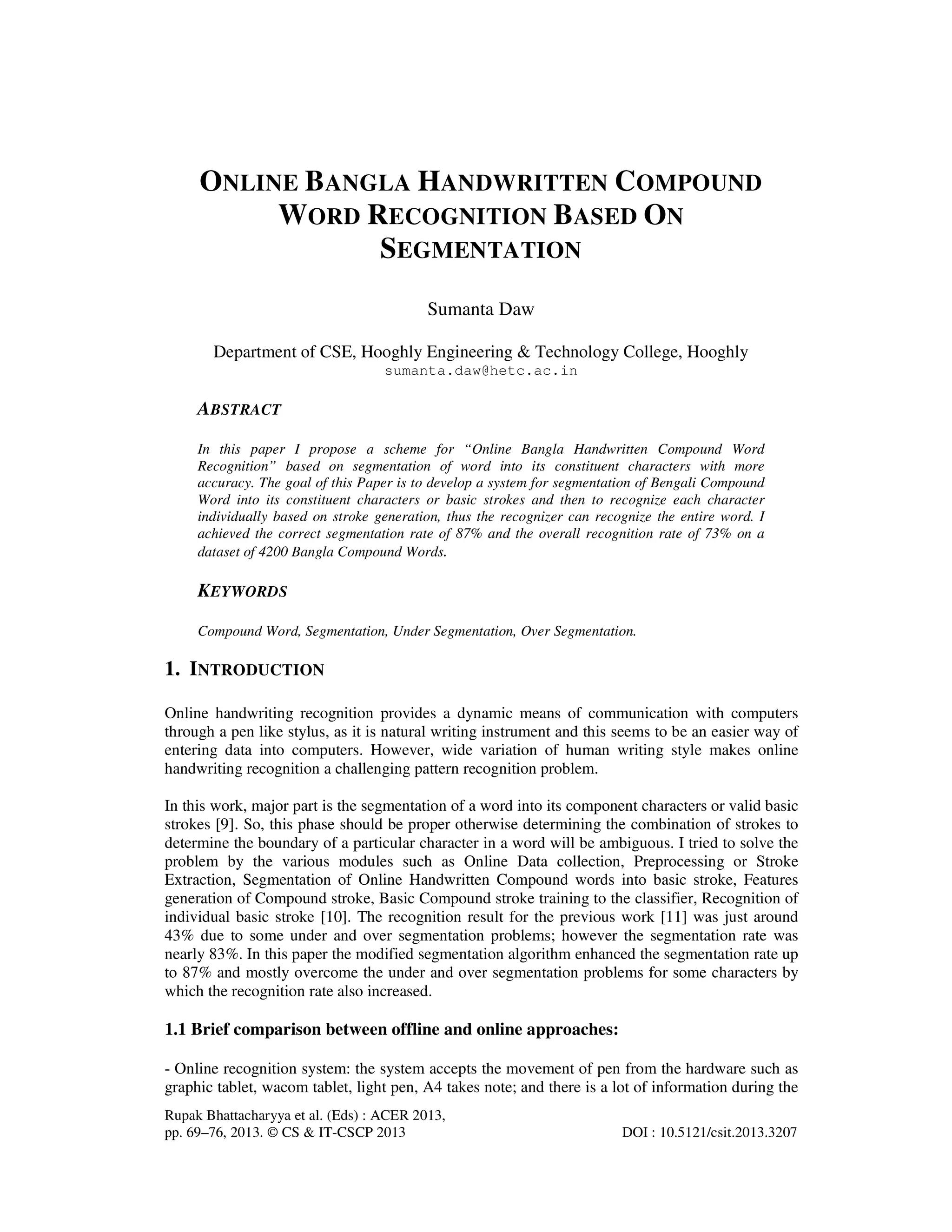 ONLINE BANGLA HANDWRITTEN COMPOUND WORD RECOGNITION BASED ON SEGMENTATION | PDF