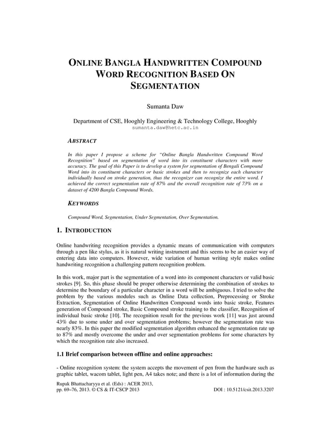 ONLINE BANGLA HANDWRITTEN COMPOUND WORD RECOGNITION BASED ON SEGMENTATION | PDF | Computing ...