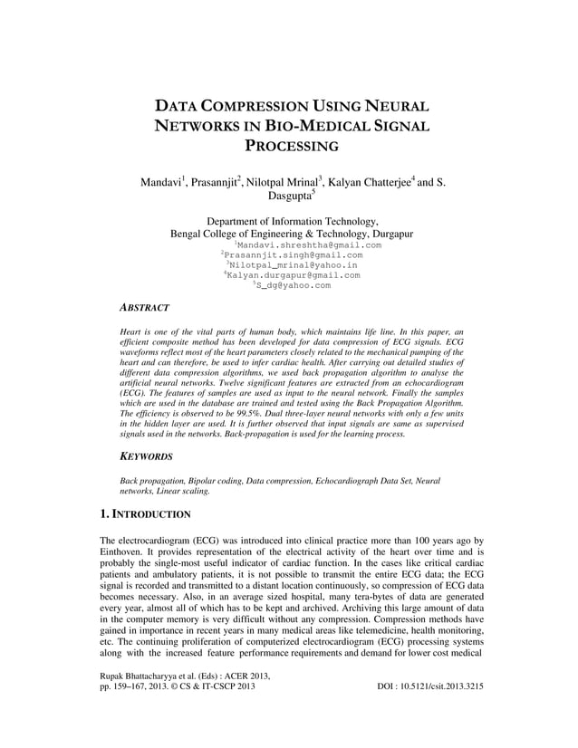 DATA COMPRESSION USING NEURAL NETWORKS IN BIO-MEDICAL SIGNAL PROCESSING | PDF