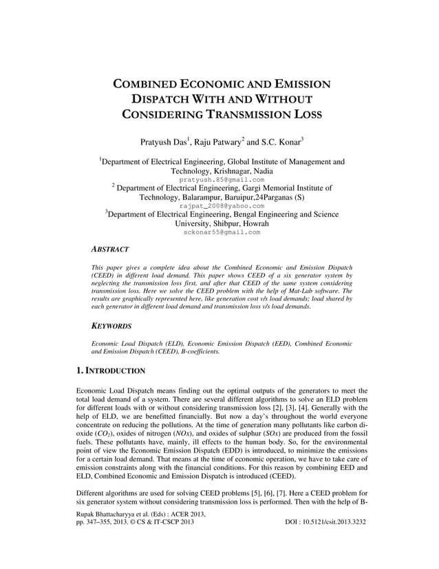 COMBINED ECONOMIC AND EMISSION DISPATCH WITH AND WITHOUT CONSIDERING TRANSMISSION LOSS | PDF