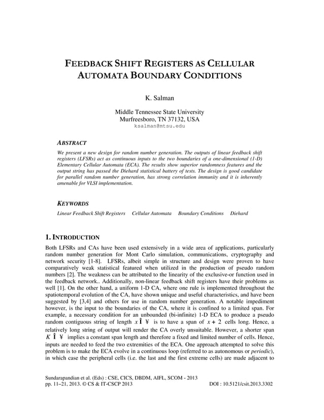 FEEDBACK SHIFT REGISTERS AS CELLULAR AUTOMATA BOUNDARY CONDITIONS | PDF