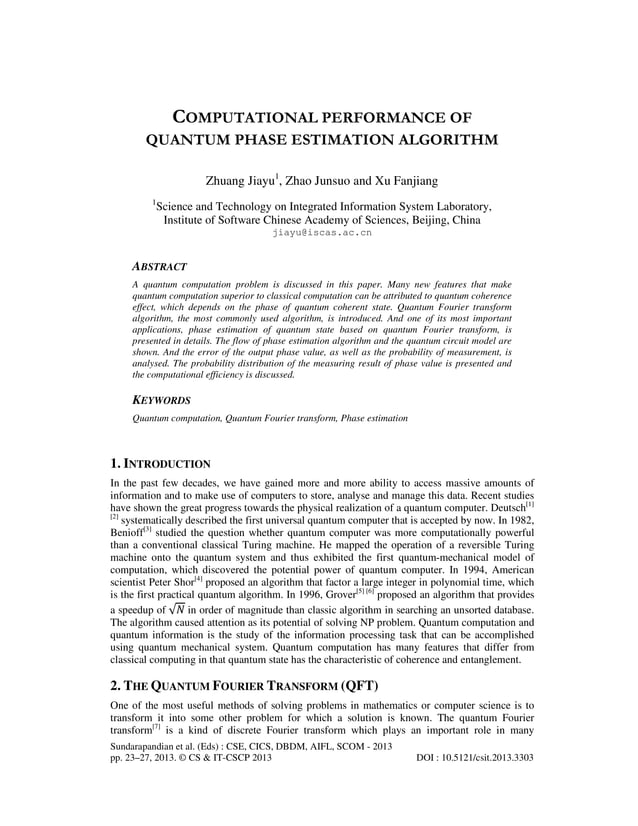 COMPUTATIONAL PERFORMANCE OF QUANTUM PHASE ESTIMATION ALGORITHM | PDF