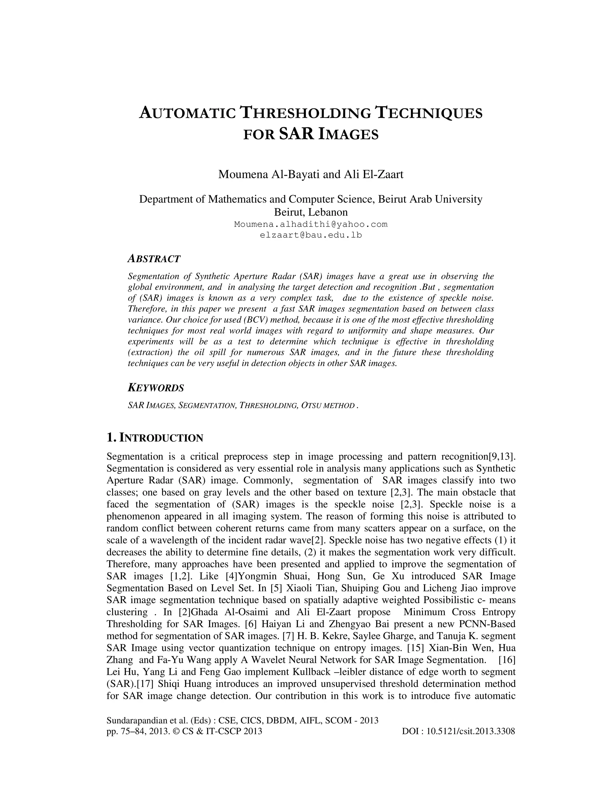 AUTOMATIC THRESHOLDING TECHNIQUES FOR SAR IMAGES | PDF