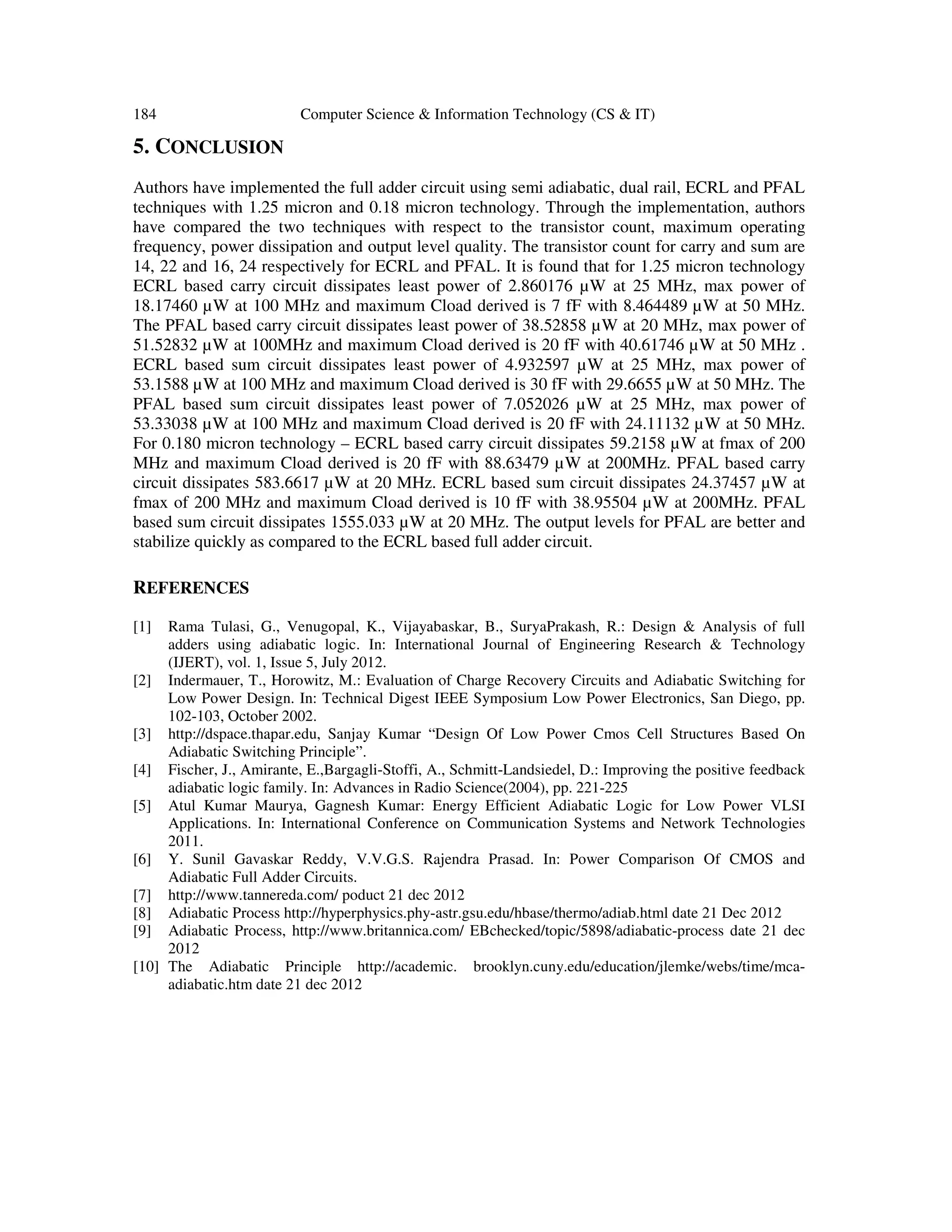 SEMI ADIABATIC ECRL AND PFAL FULL ADDER | PDF