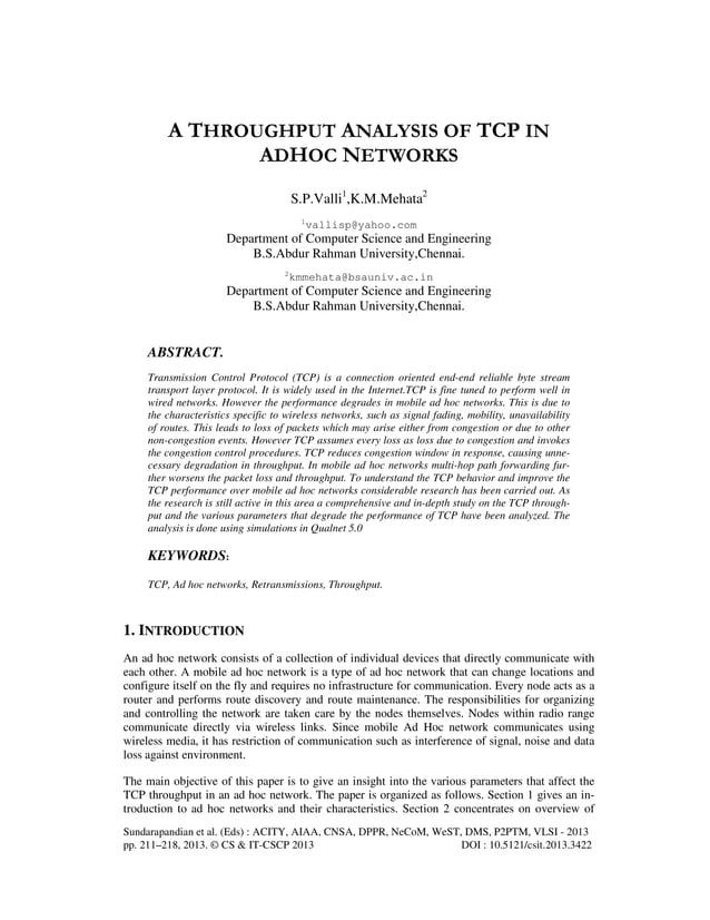 A Throughput Analysis Of Tcp In Adhoc Networks Pdf