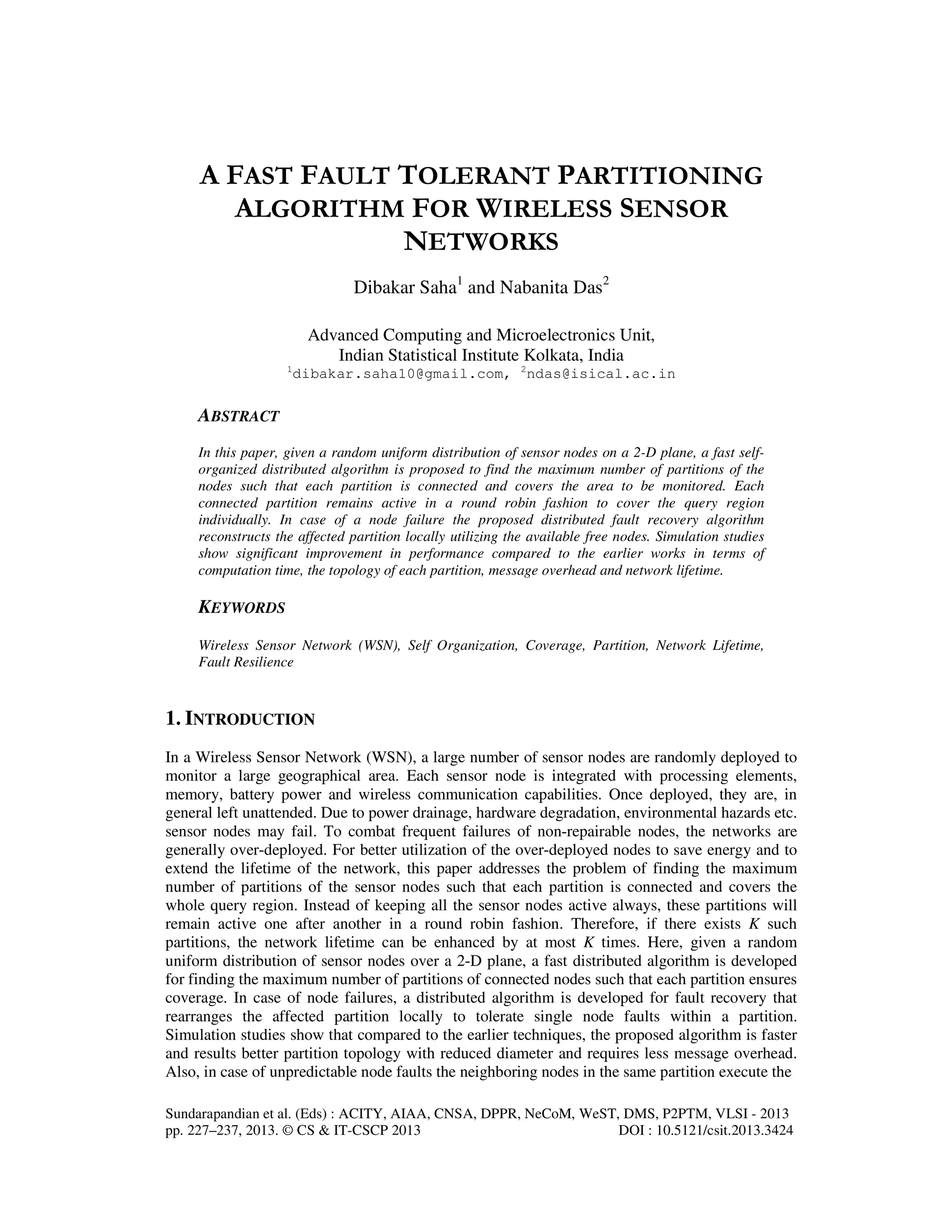 A Fast Fault Tolerant Partitioning Algorithm For Wireless Sensor Networks Pdf 