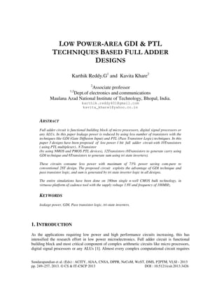 LOW POWER-AREA GDI & PTL TECHNIQUES BASED FULL ADDER DESIGNS | PDF