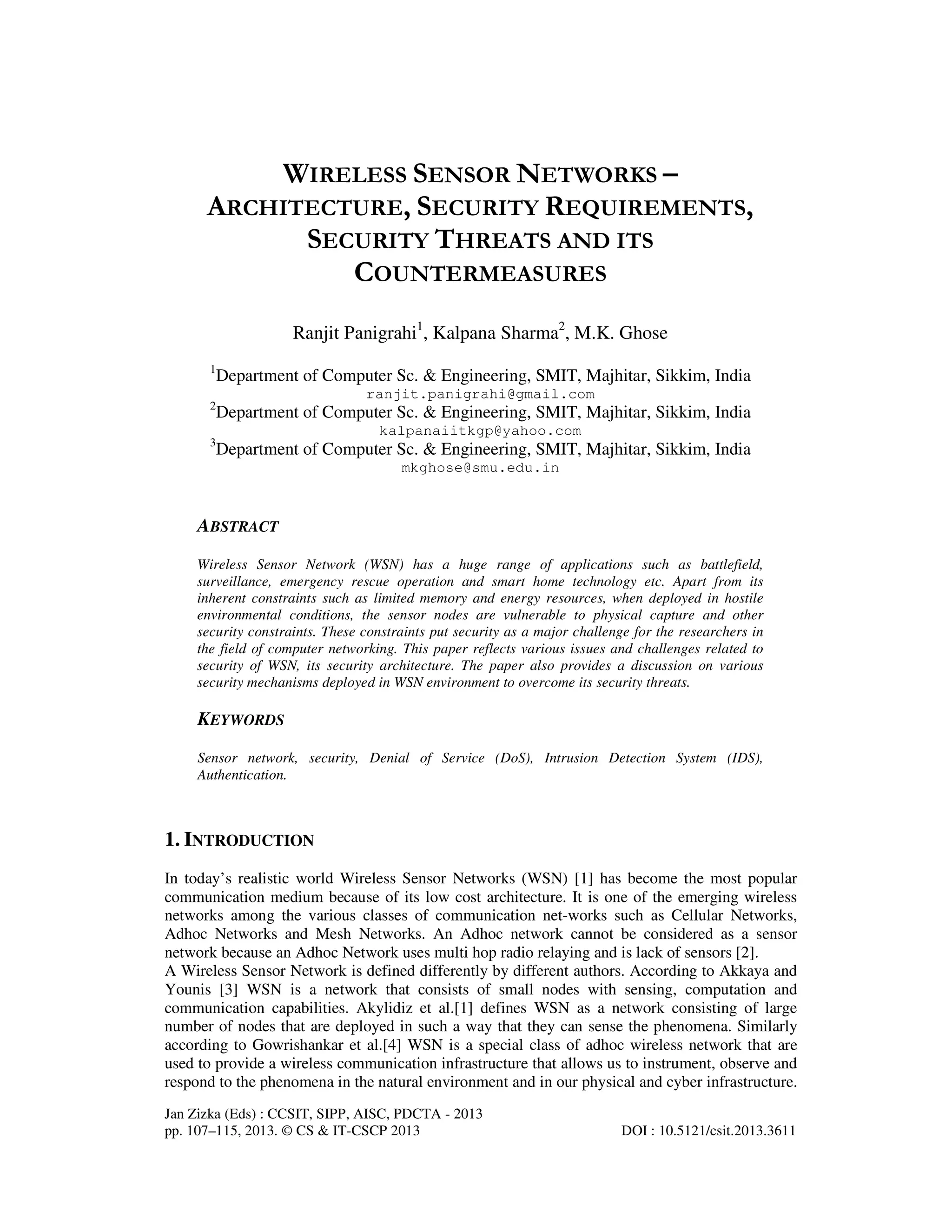 Wireless Sensor Networks Architecture Security Requirements Security Threats And Its