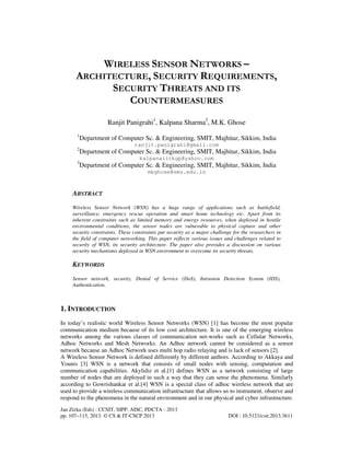 WIRELESS SENSOR NETWORKS – ARCHITECTURE, SECURITY REQUIREMENTS, SECURITY THREATS AND ITS ...