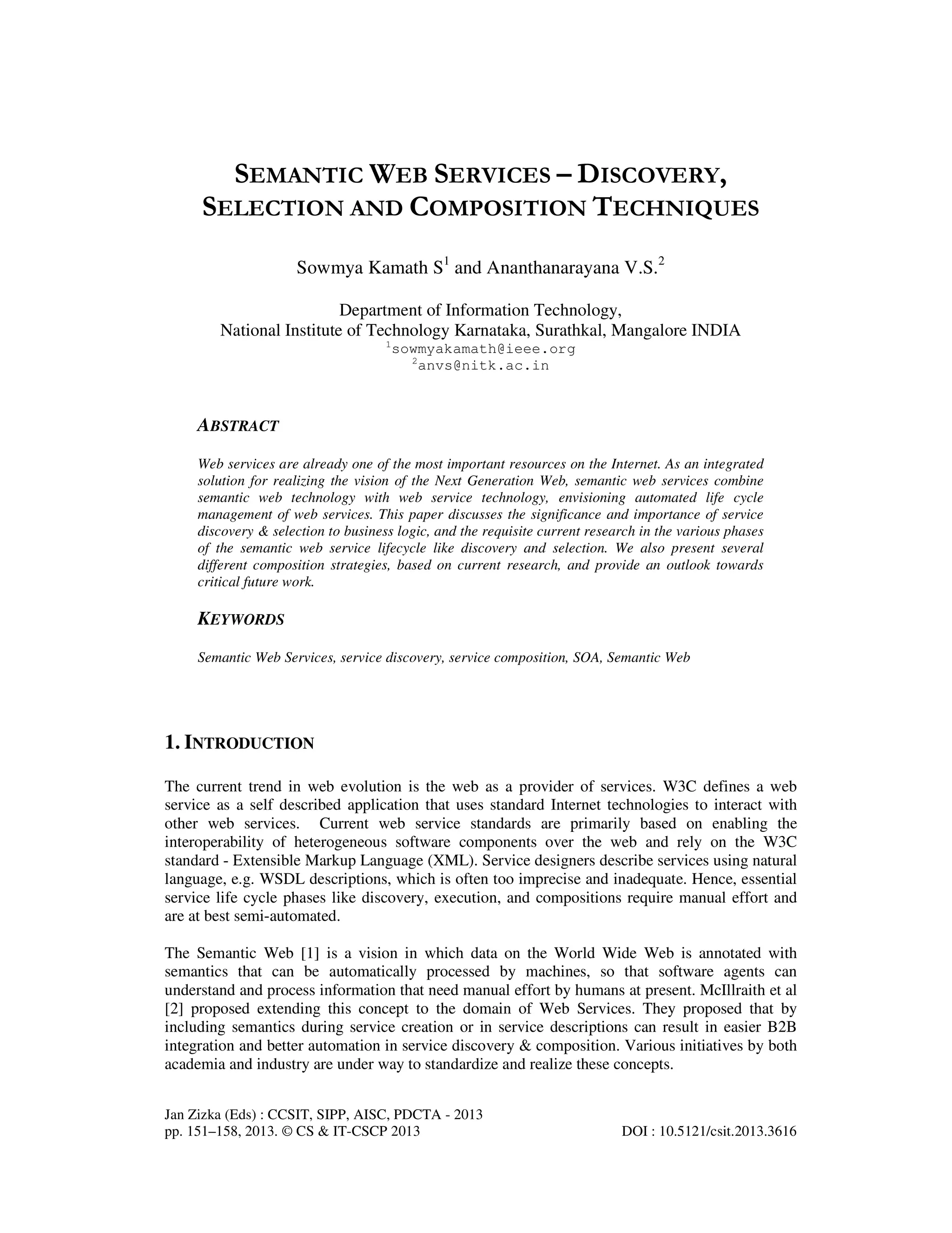 SEMANTIC WEB SERVICES – DISCOVERY, SELECTION AND COMPOSITION TECHNIQUES | PDF