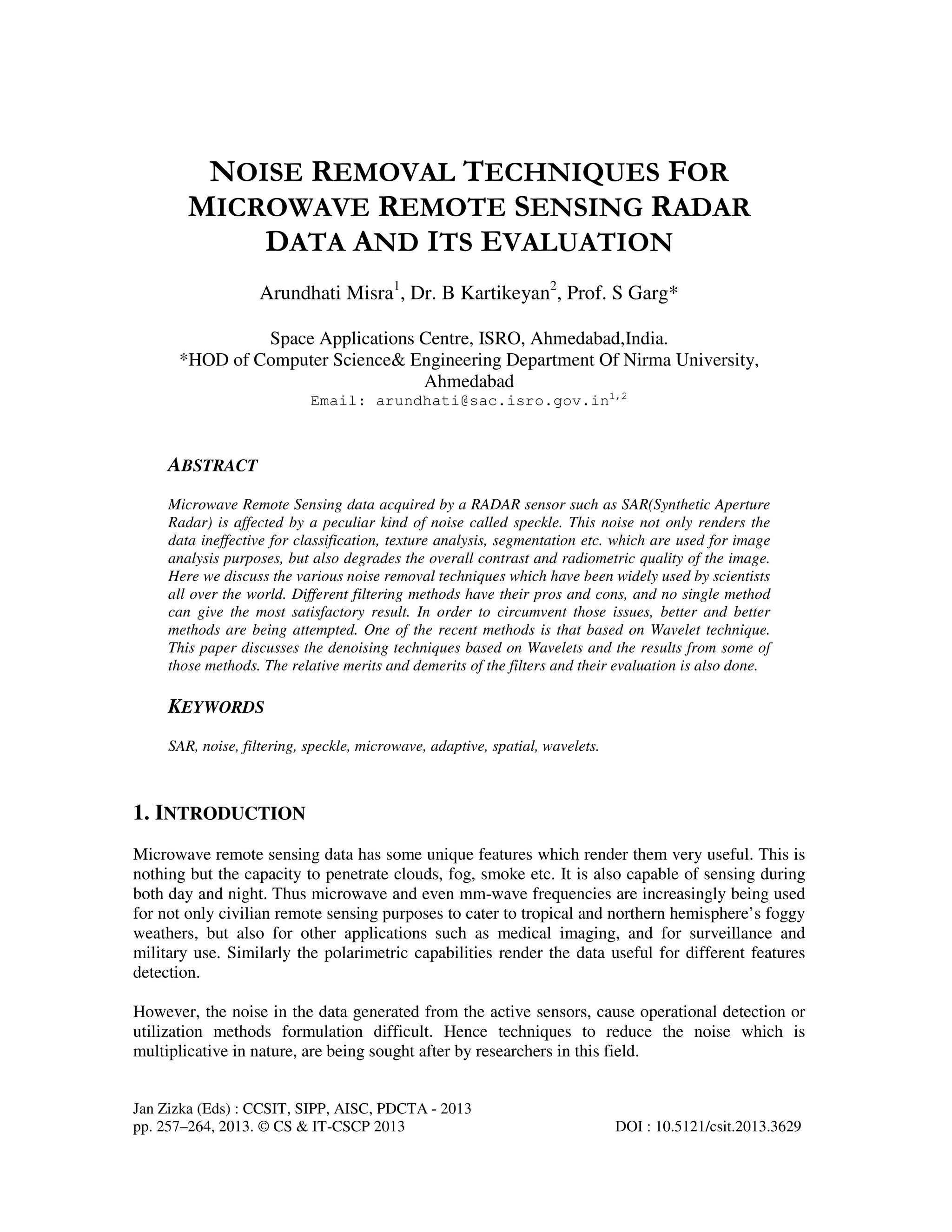 NOISE REMOVAL TECHNIQUES FOR MICROWAVE REMOTE SENSING RADAR DATA AND ...
