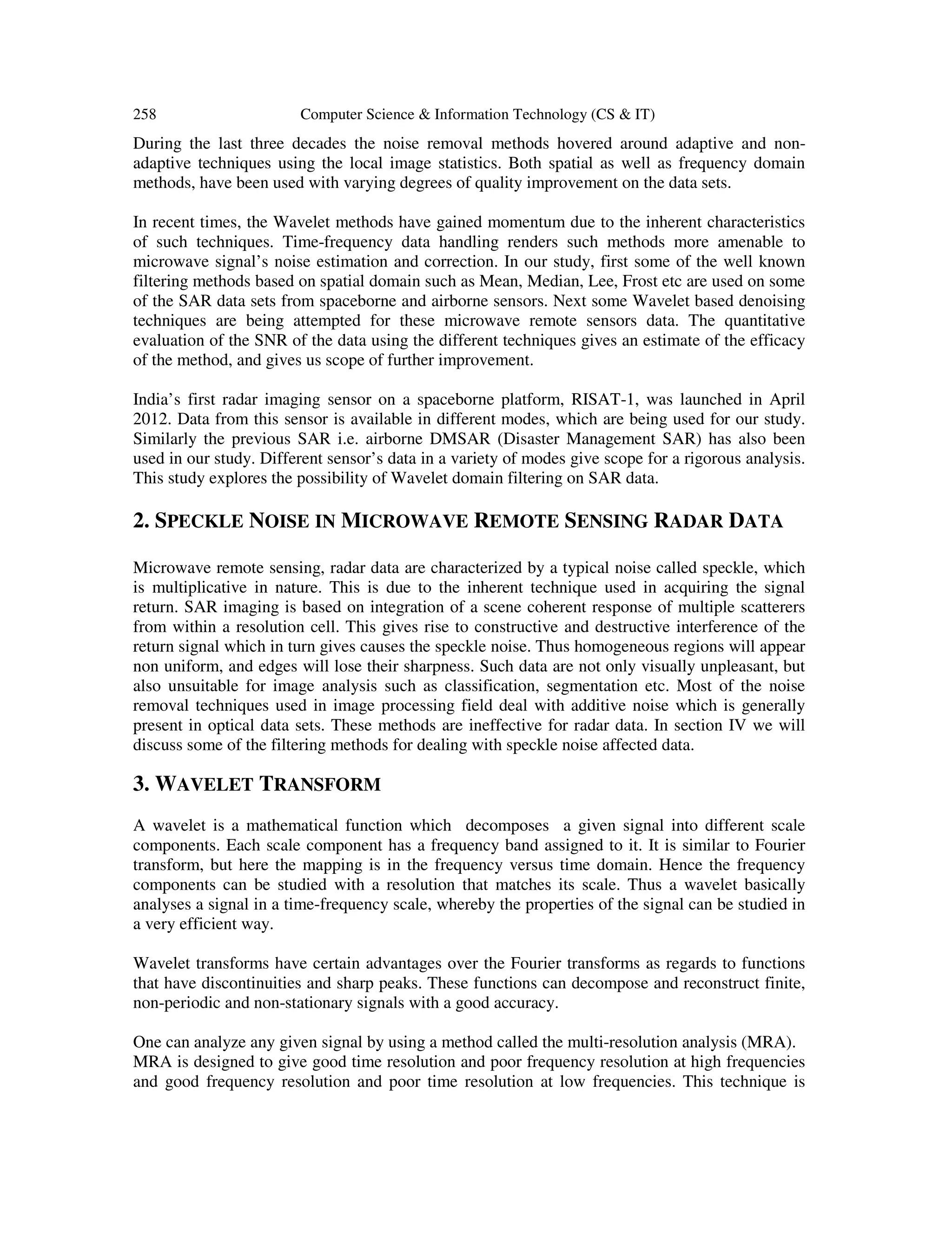 NOISE REMOVAL TECHNIQUES FOR MICROWAVE REMOTE SENSING RADAR DATA AND ITS EVALUATION | PDF