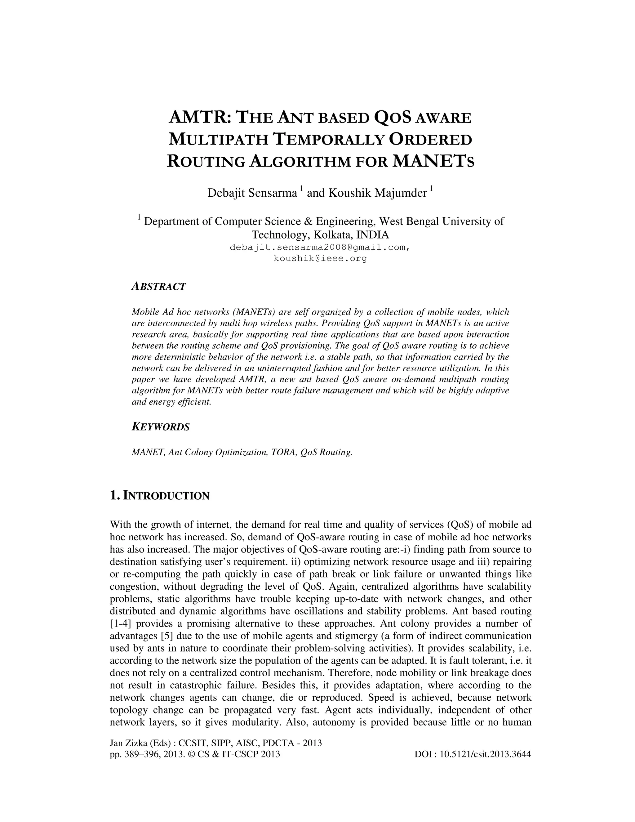 Amtr The Ant Based Qos Aware Multipath Temporally Ordered Routing Algorithm For Manets Pdf