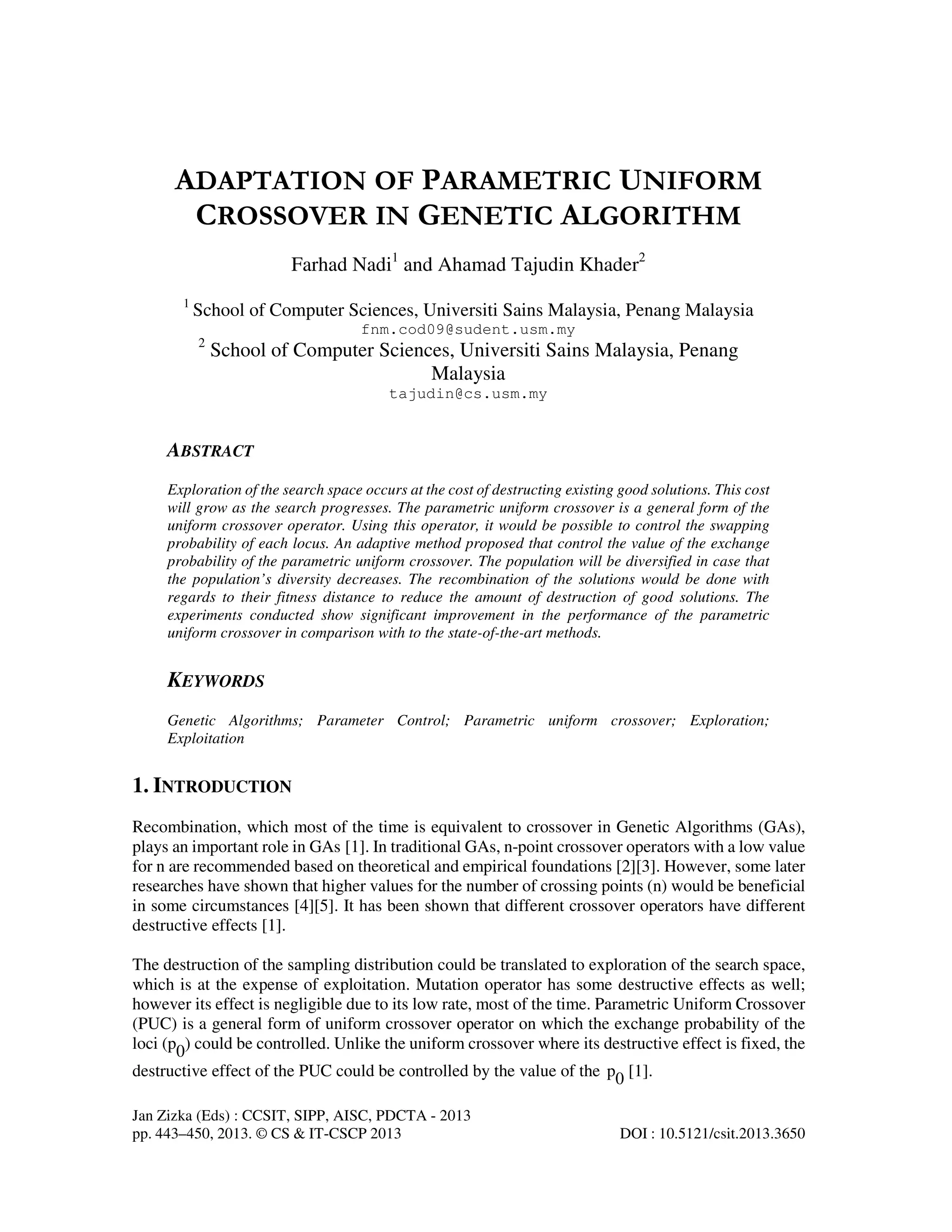 ADAPTATION OF PARAMETRIC UNIFORM CROSSOVER IN GENETIC ALGORITHM | PDF